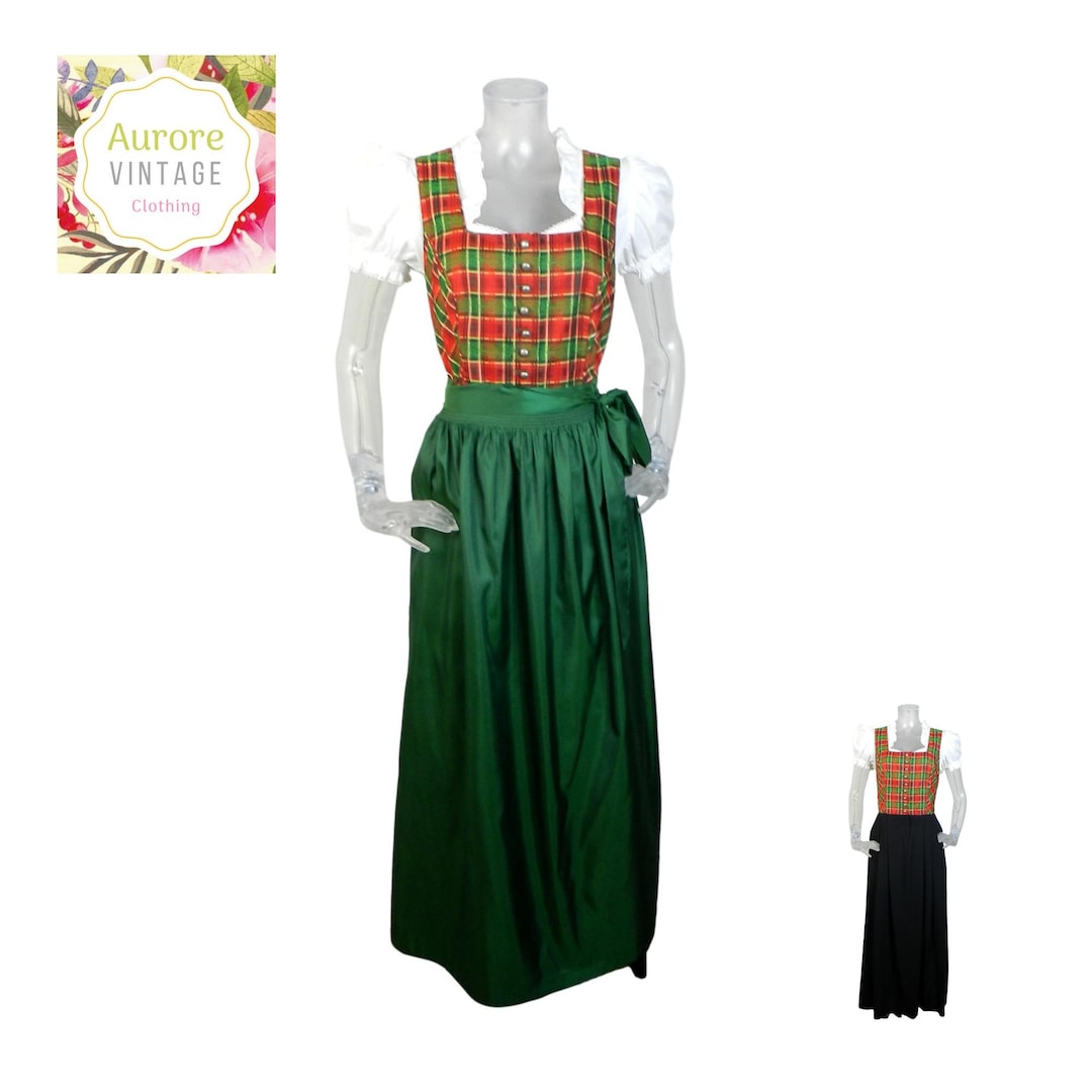 VINTAGE Dirndl Dress/green Plaid Bohemian Folk Dress UK 12 F 40 ...