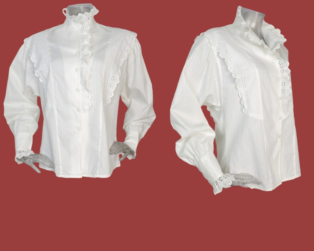 Vintage Folk 80s Balloon Sleeve White Boho Blouse Top UK 12 Fr 40 ...