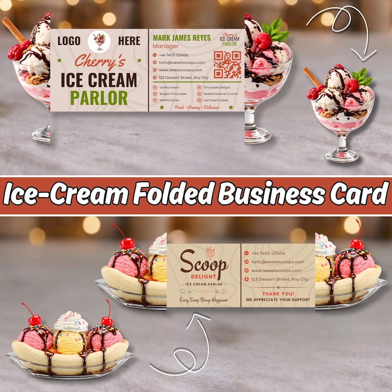 Ice Cream Business Card Template, Editable Canva Dessert Shop Card, QR ...