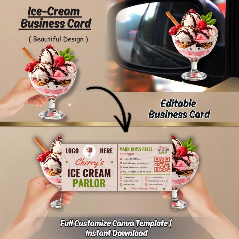 Ice Cream Business Card Template, Editable Canva Dessert Shop Card, QR ...