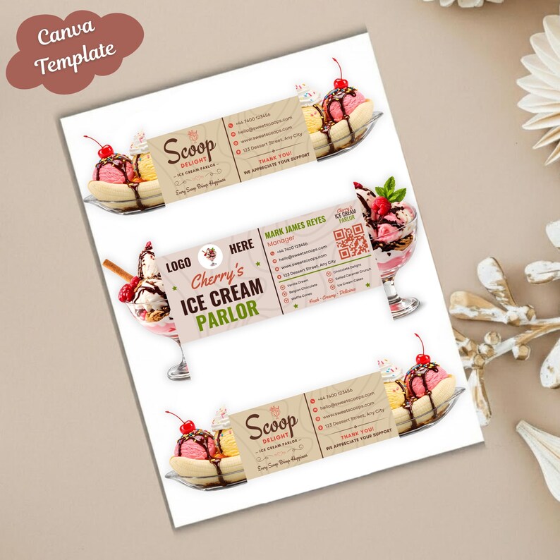 Ice Cream Business Card Template, Editable Canva Dessert Shop Card, QR ...