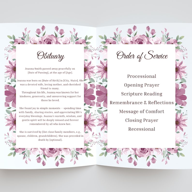 Editable Funeral Program Template, Floral Bifold Obituary Program ...
