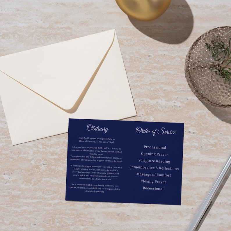 Editable Funeral Program Template, Navy Bifold Obituary Program, Canva ...