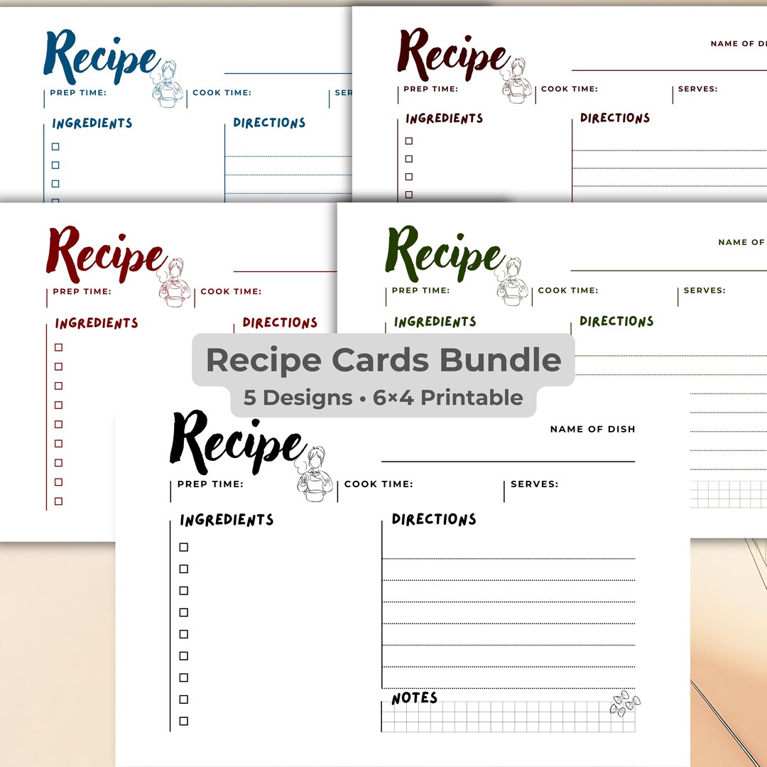 Recipe Cards Bundle, 5 Color Designs Printable Recipe Cards 6x4 ...