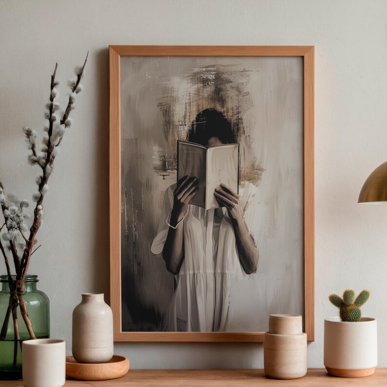 Moody Reading Woman Art Print, Abstract Portrait With Book, Emotional ...