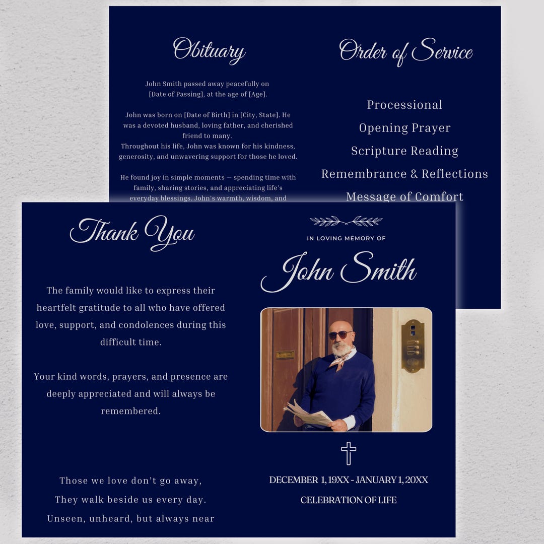 Editable Funeral Program Template, Navy Bifold Obituary Program, Canva ...