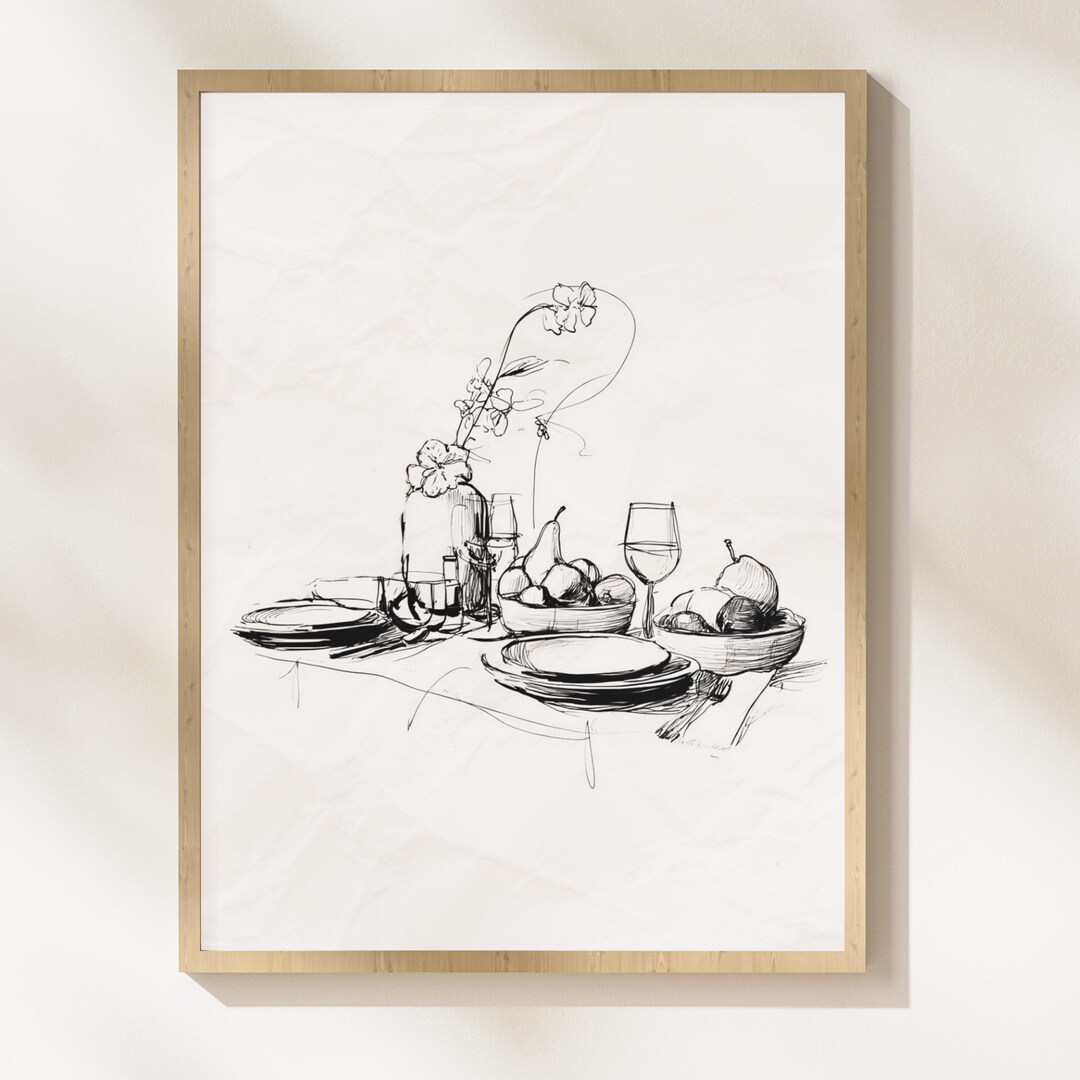 Minimalist Dinner Table Art, Line Drawing Kitchen Decor, Dining Table ...