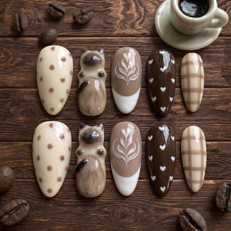 3D Siamese Cat Coffee Press on Nails | Latte Art and Plaid Fake Nails ...