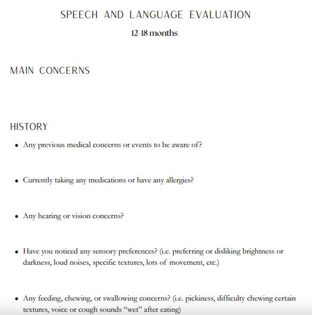 Speech Therapy Initial Evaluation Form - 12 to 18 Months - Etsy