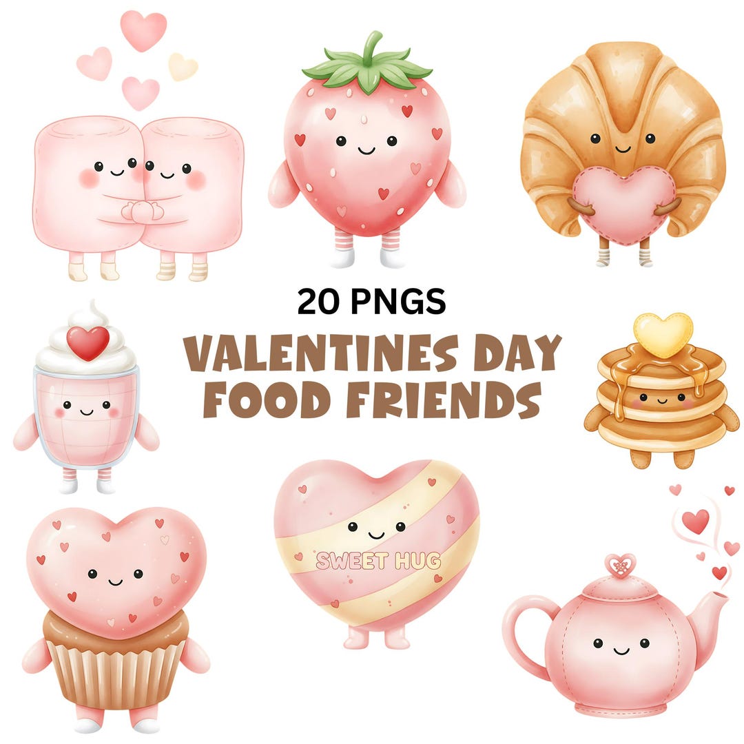 Valentine’s Day Kawaii Food Friends Clipart – 20 Cute Pngs, Pastel ...