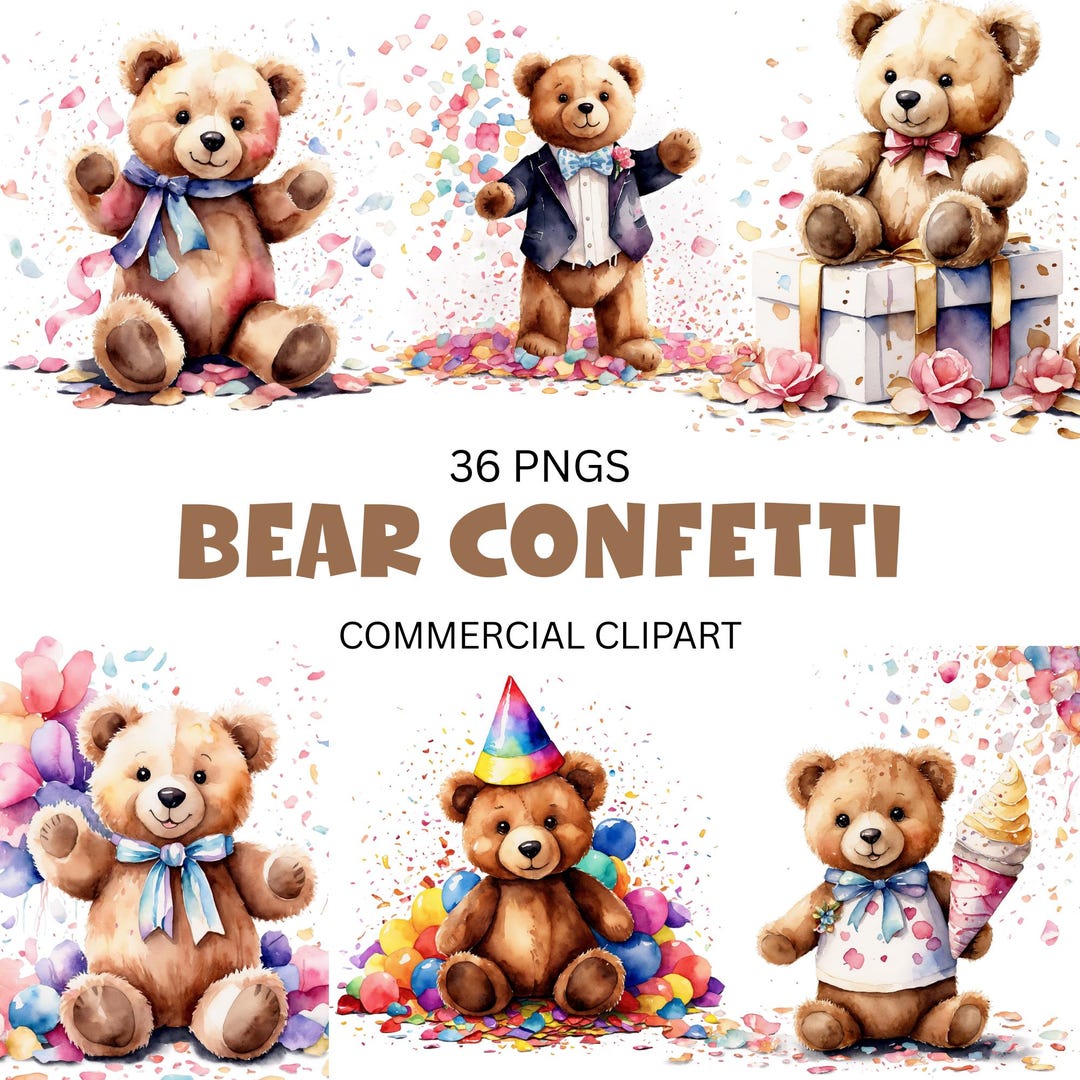 Teddy Bear Confetti Clipart Bundle: 36 Watercolor Pngs (commercial Use ...