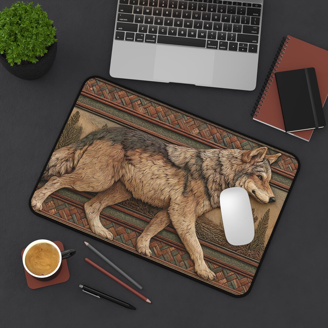 Walking Wolf Illustration Desk Mat | Rustic Woodland Animal Mouse Pad ...