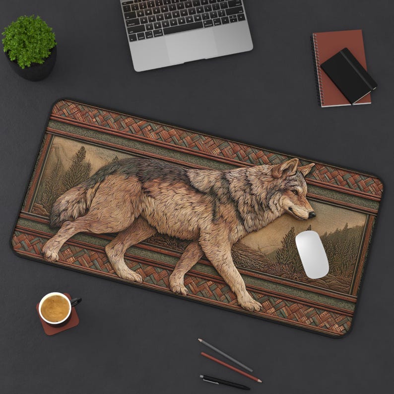 Walking Wolf Illustration Desk Mat | Rustic Woodland Animal Mouse Pad ...