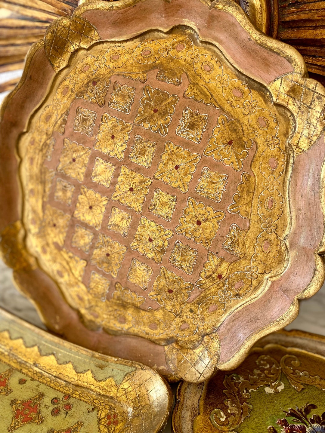 Vintage PINK Florentine Italian Tray, RARE, Gilt and Wood, Made in ...