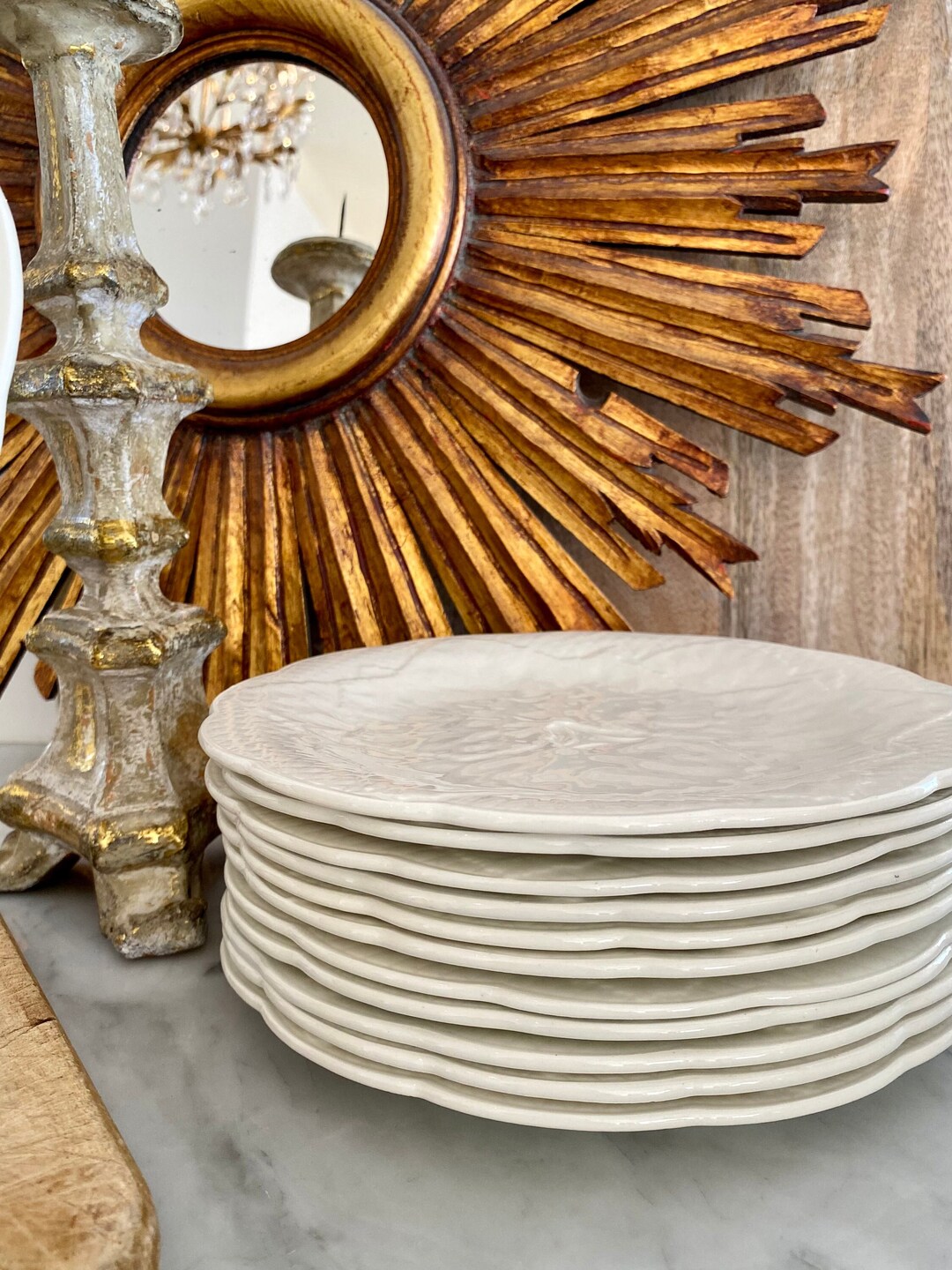 GIEN France, Porcelain MAJOLICA Luncheon Plates, Leaf Pattern, Set of ...