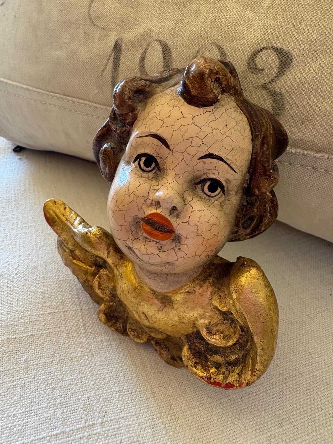 Antique German, Gilded Winged Putti Angel, Cherub Head, Early 19th ...