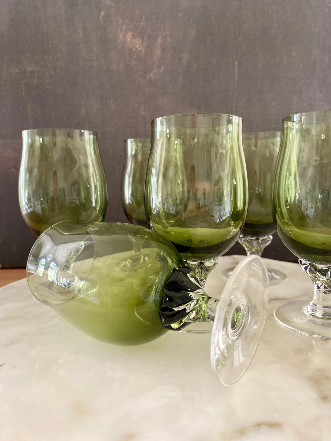 Vintage Sasaki Stemware, Mid-century Stemware, Green Crystal, Blown ...