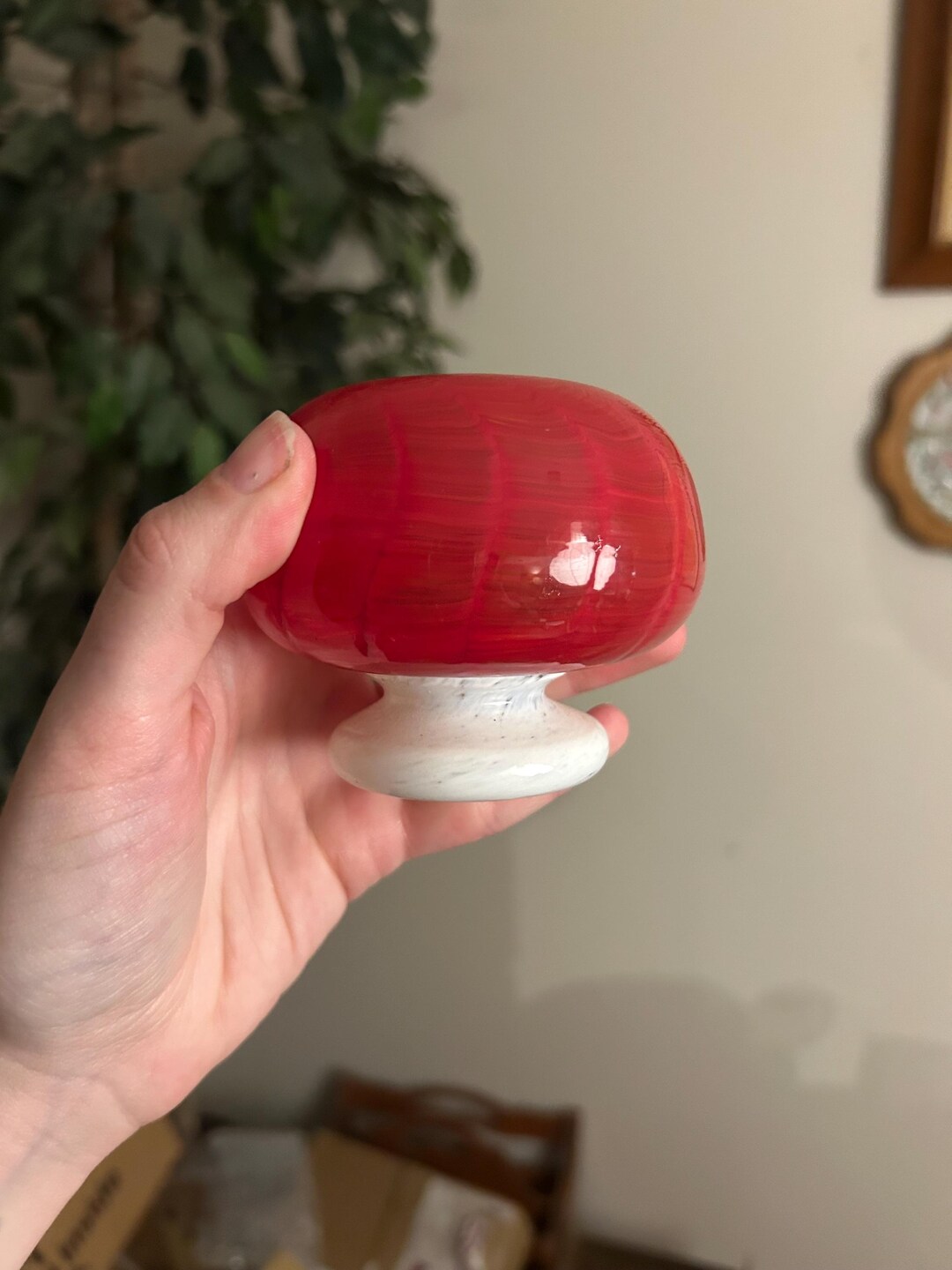 Vintage Red Mushroom Art Glass Object With Opaque White Base - Etsy