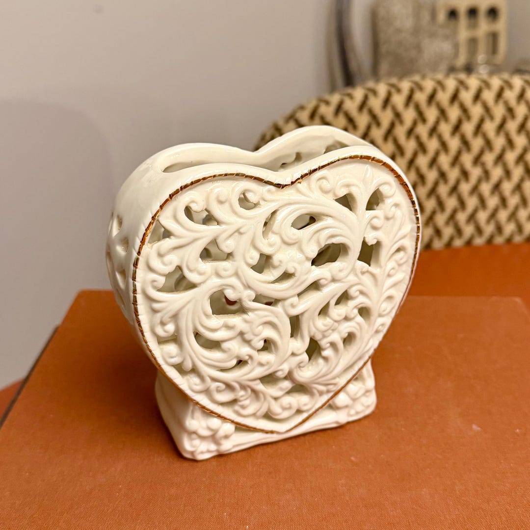 Cream Ceramic Heart Vase With Pierced Scrollwork Design - Etsy