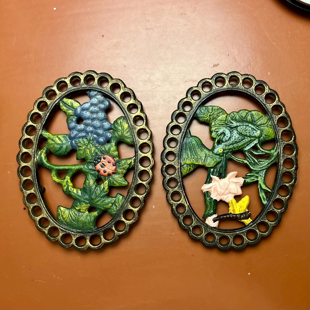 Set of 2 Vintage Cast Iron Floral Trivets With Grape, Ladybug, Frog and ...