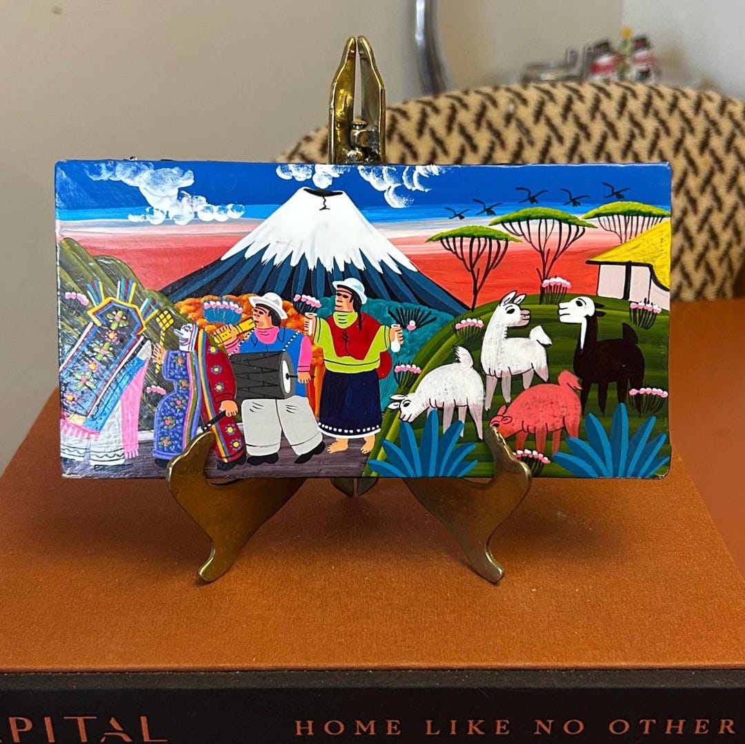 Vintage Ecuadorian Tigua Folk Art Hand Painted Hide Andes Scene ...