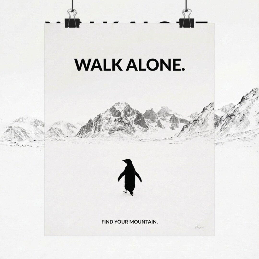 Walk Alone Penguin Poster | Matte Vertical Poster, Minimal Mountain ...