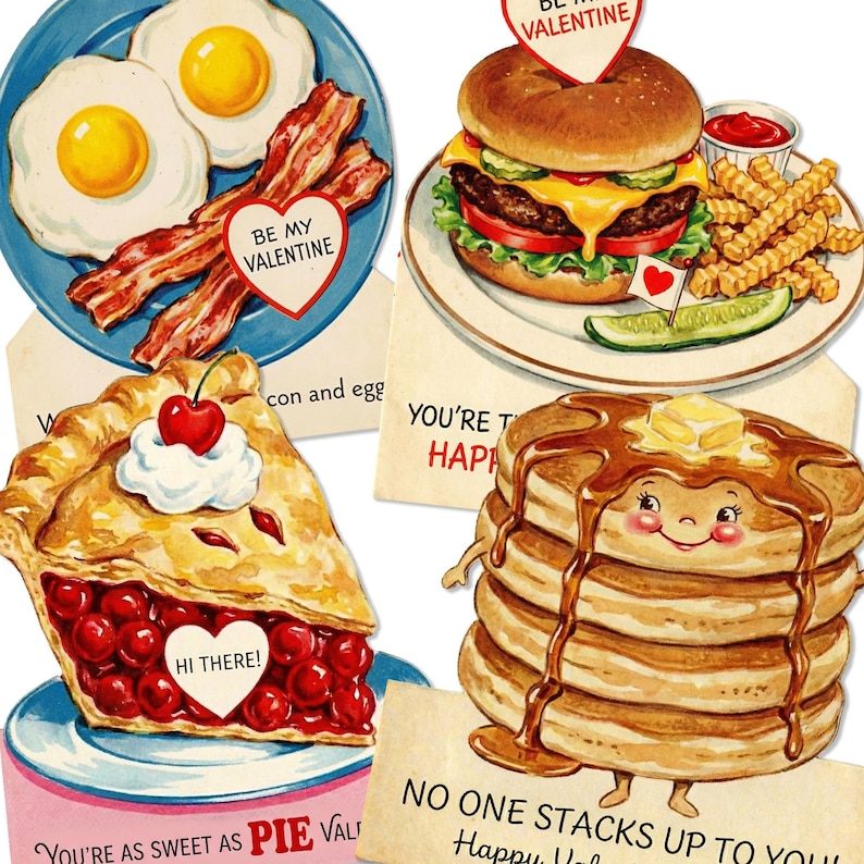 Vintage Food Valentines Clipart Bundle, 15 PNG Images and Printable ...