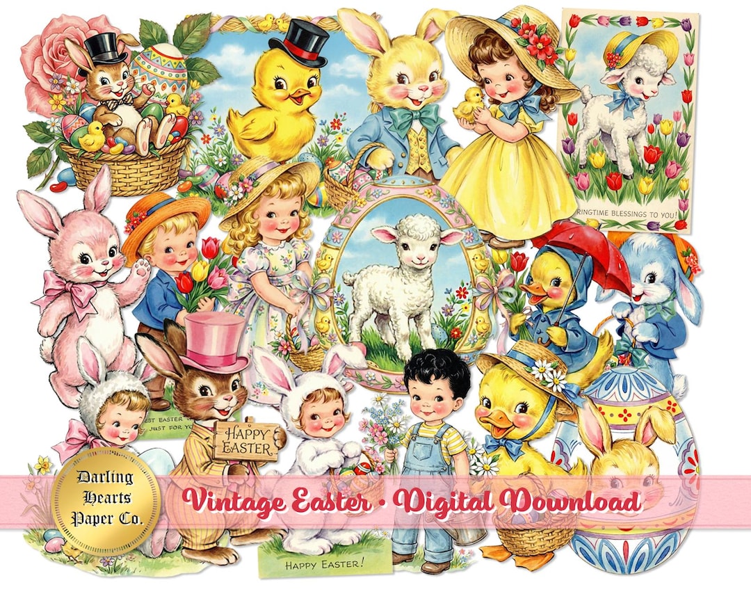 Vintage Easter Clipart • Retro Bunny, Lamb, Chick Images (digital ...