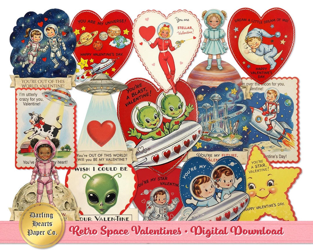Vintage Style Space Valentines Clipart Bundle, 15 PNG Images and ...