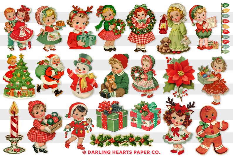 Vintage Christmas Clipart Bundle, Retro Children & Santa Illustrations ...