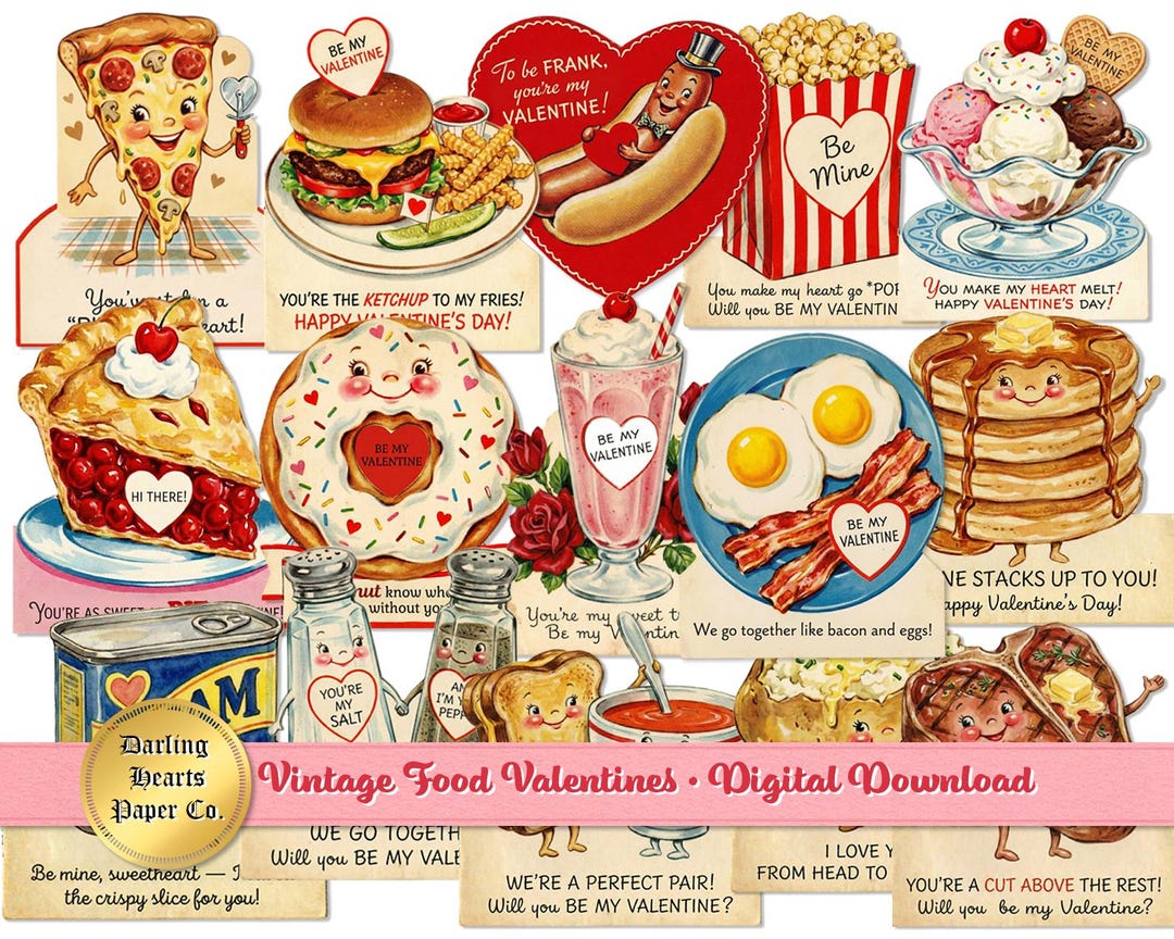 Vintage Food Valentines Clipart Bundle, 15 PNG Images and Printable ...