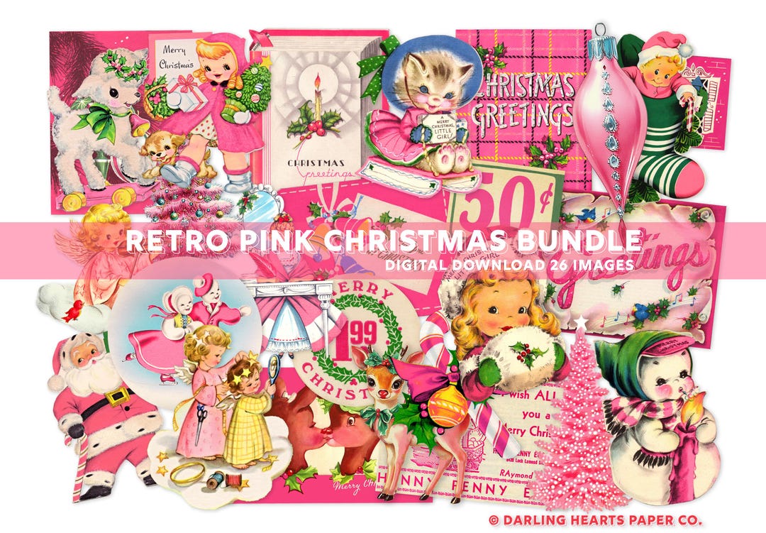 Vintage Pink Christmas Clipart Bundle, Midcentury Holiday Graphics ...
