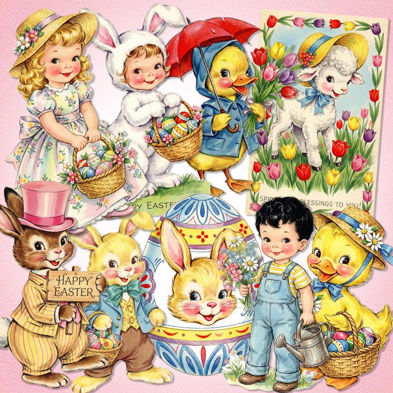 Vintage Easter Clipart • Retro Bunny, Lamb, Chick Images (digital ...