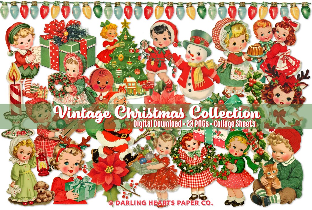 Vintage Christmas Clipart Bundle, Retro Children & Santa Illustrations ...