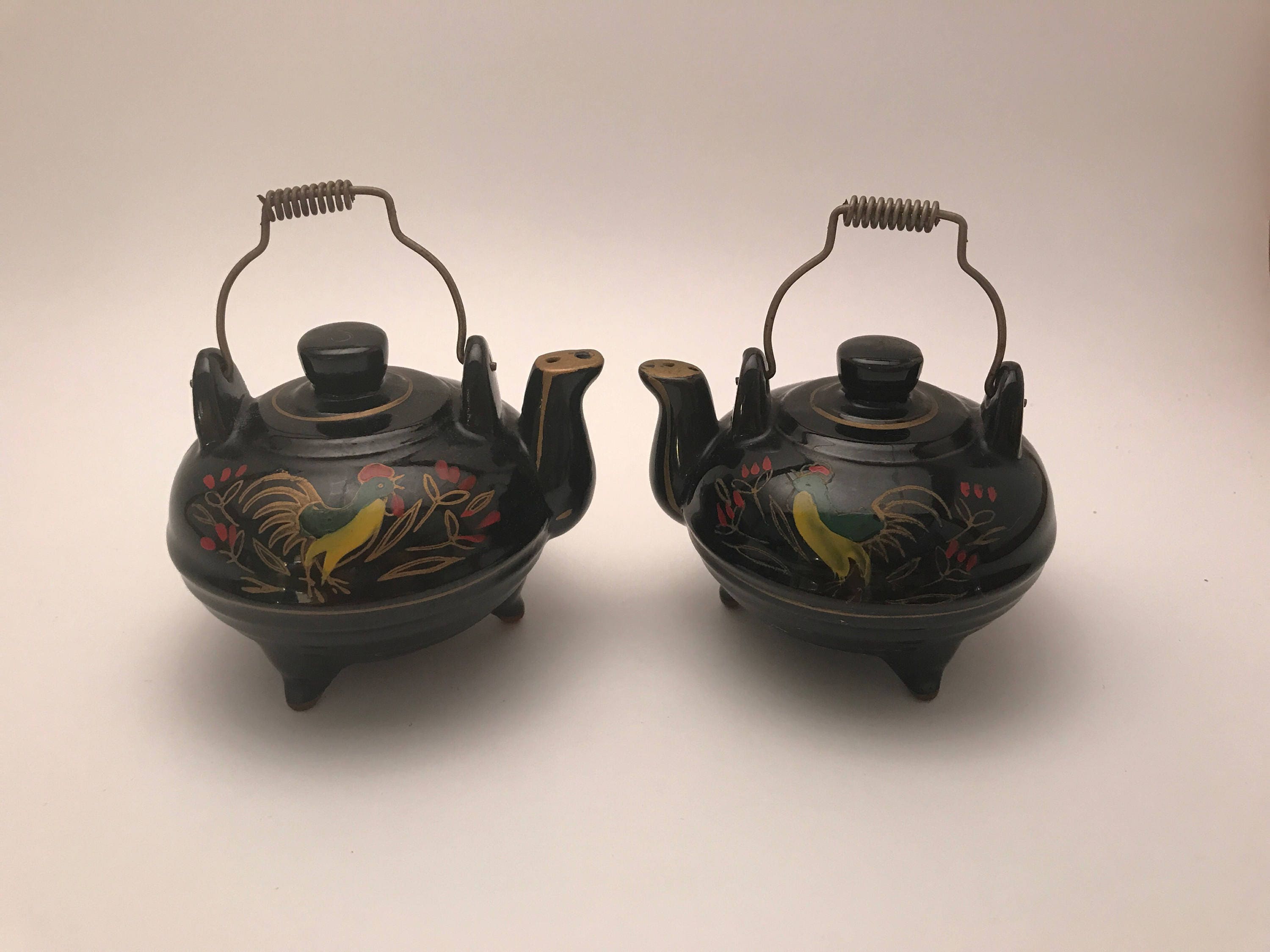 Black Teapots With Roosters Wire Handles Japan Salt and - Etsy