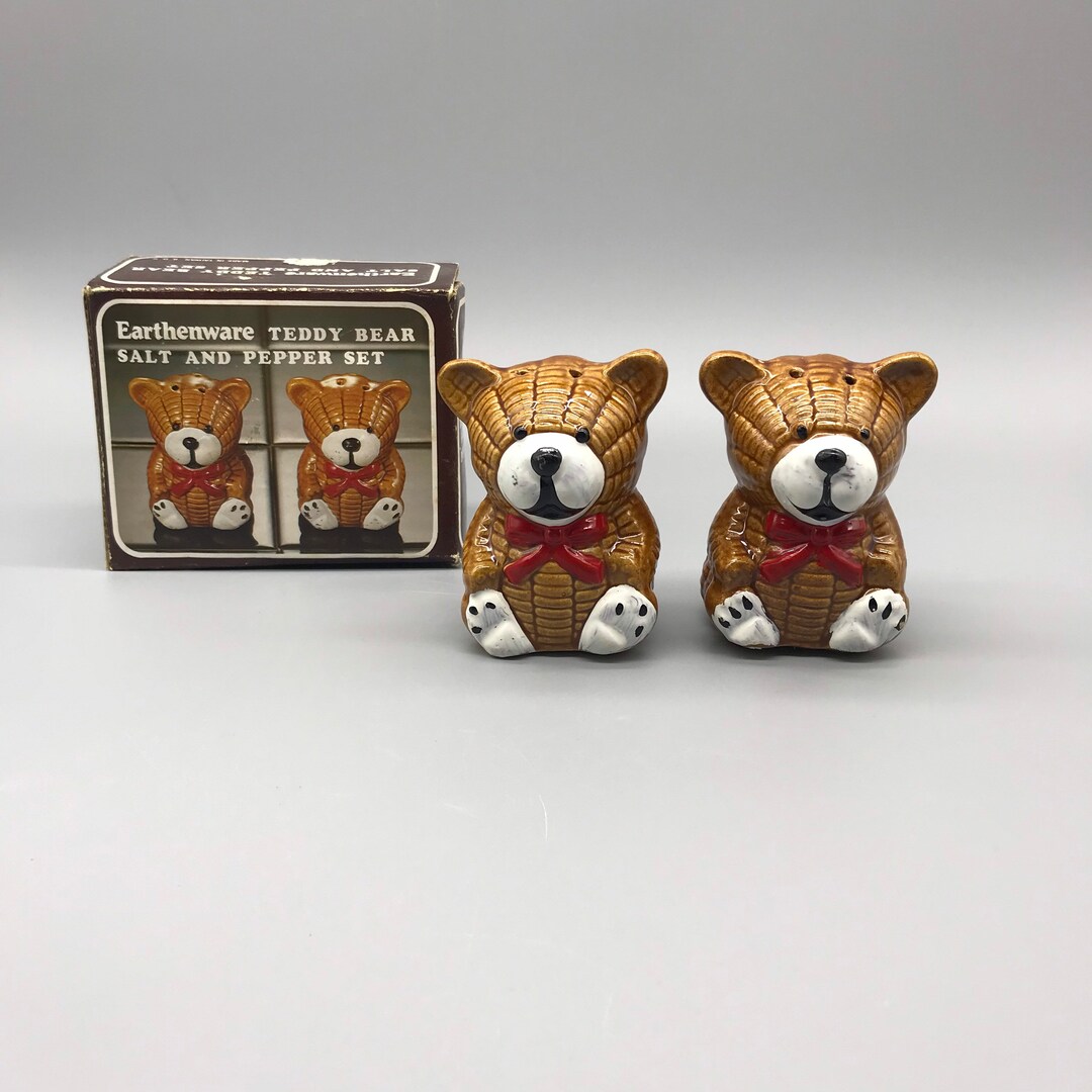 Teddy Bear Salt Pepper Shakers, Earthenware, Original Box, Red Bow ...