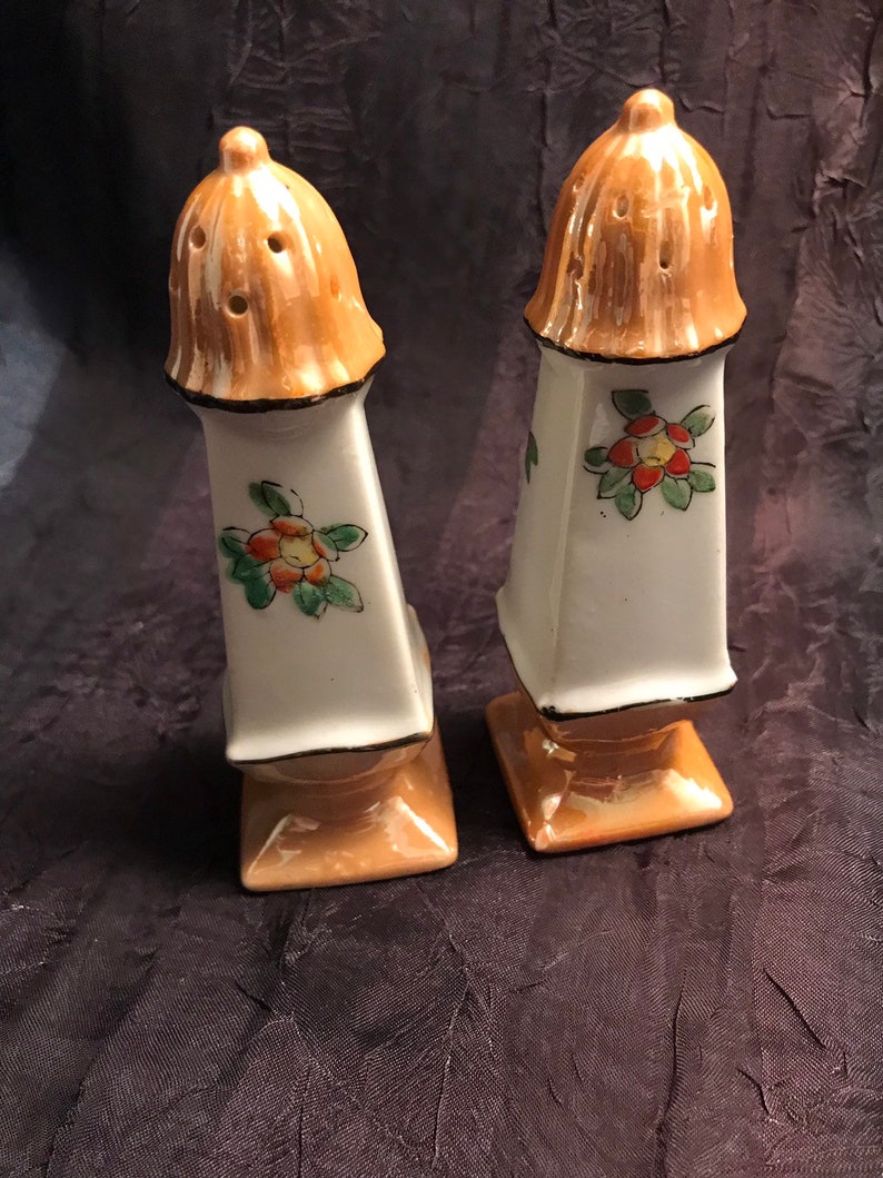 Vintage Shaker Dish Set, Lusterware Salt Pepper Shakers, Orange Blue ...
