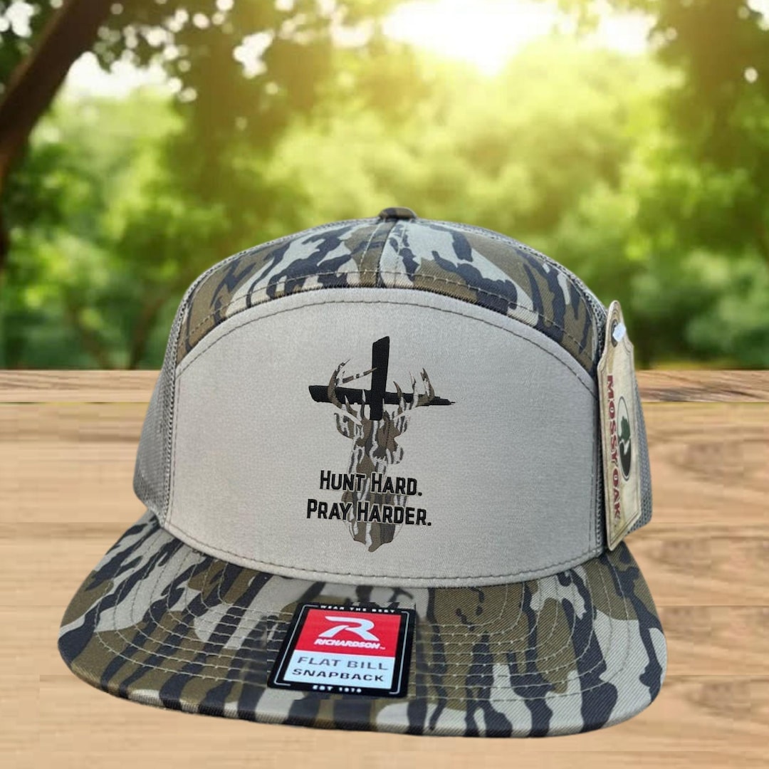 Christian Deer Hunting Camo Hat | Hunt Hard Pray Harder Cross 7-panel ...