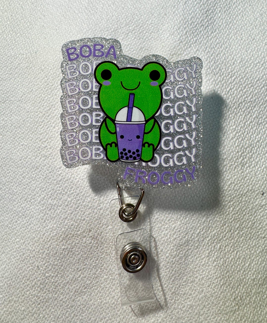 Boba Tea Cute Kawaii Frog Froggy Fun Sassy Glitter Swivel Badge Reel ...