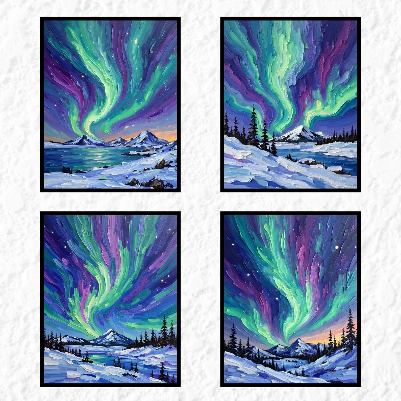 5 Northern Lights Oil Painting Art Prints: Aurora Borealis Set (digital ...
