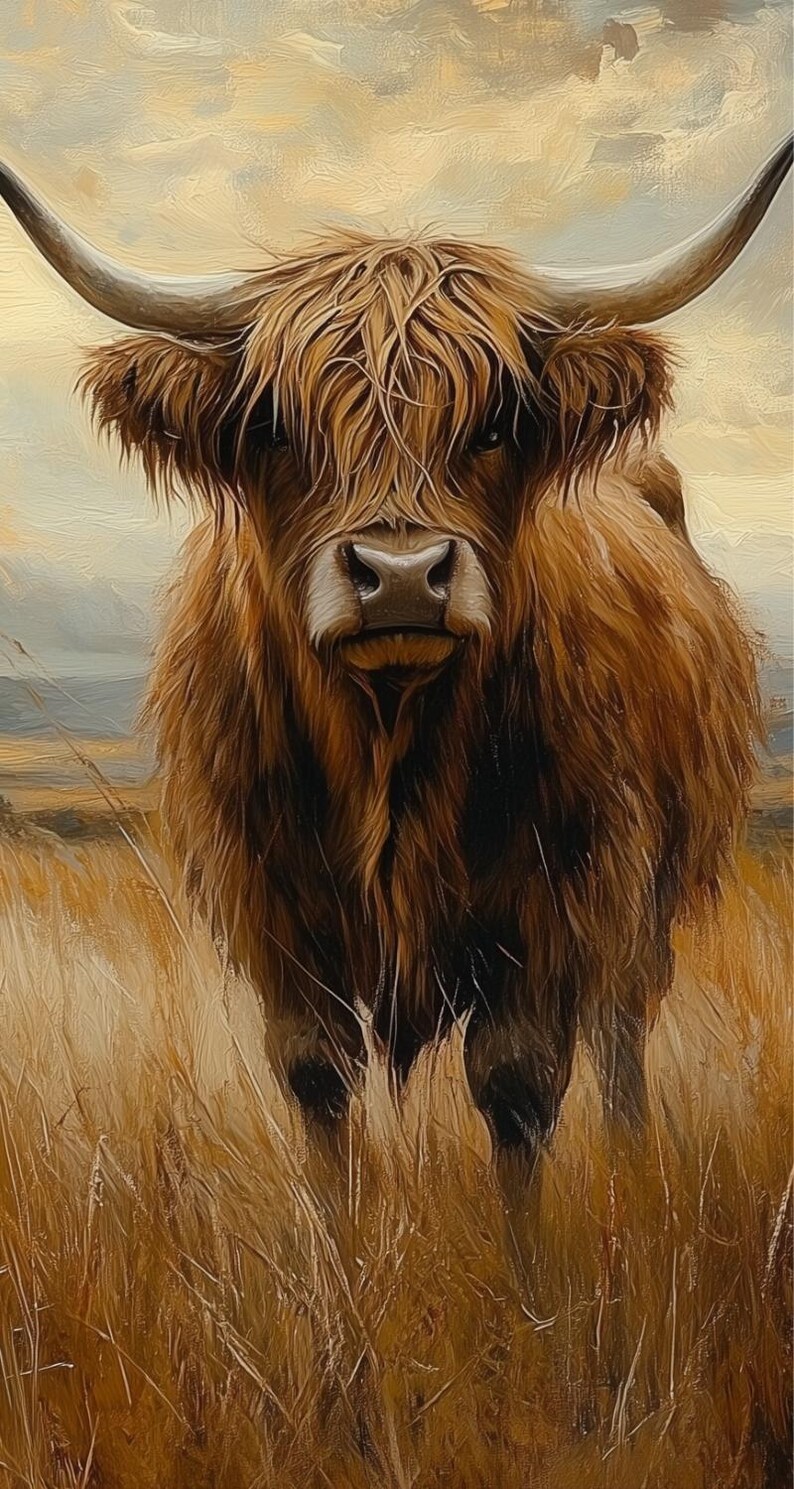 Rustic Highland Cow Frame TV Art, Moody Pastoral Landscape, Digital ...