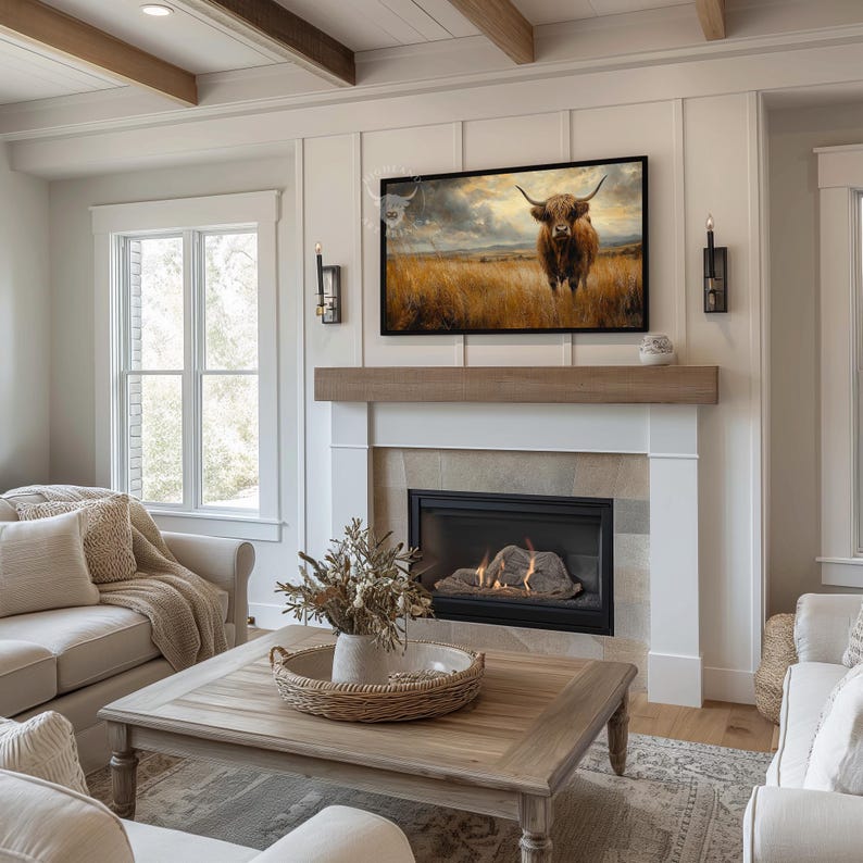 Rustic Highland Cow Frame TV Art, Moody Pastoral Landscape, Digital ...