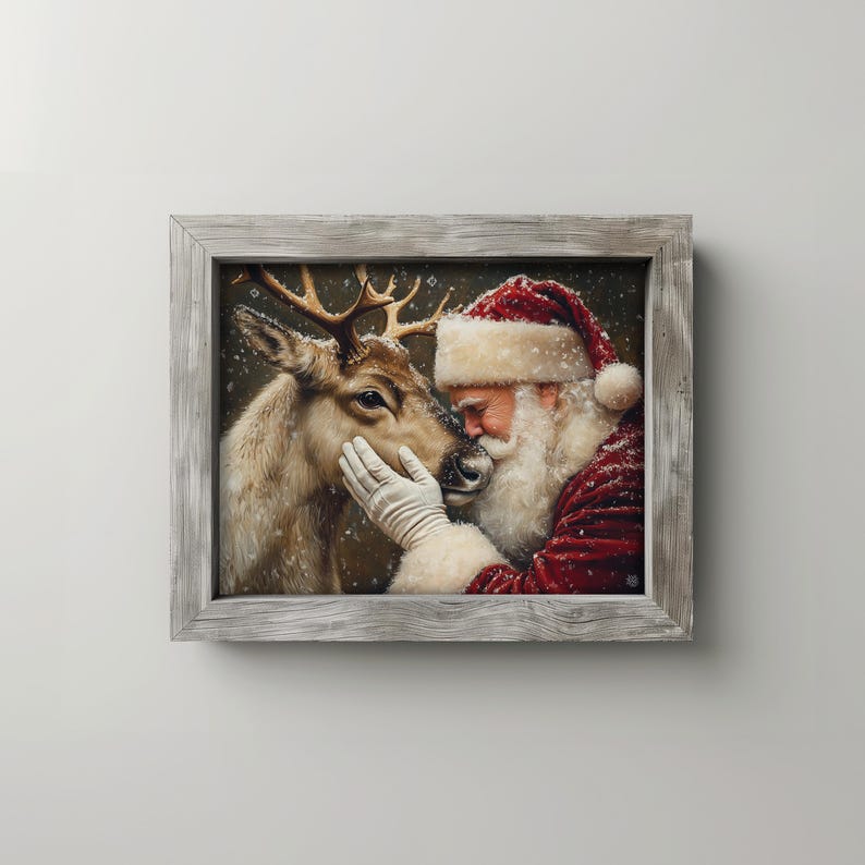 Santa Claus and Reindeer Photorealistic Painting - Cozy Holiday Wall ...