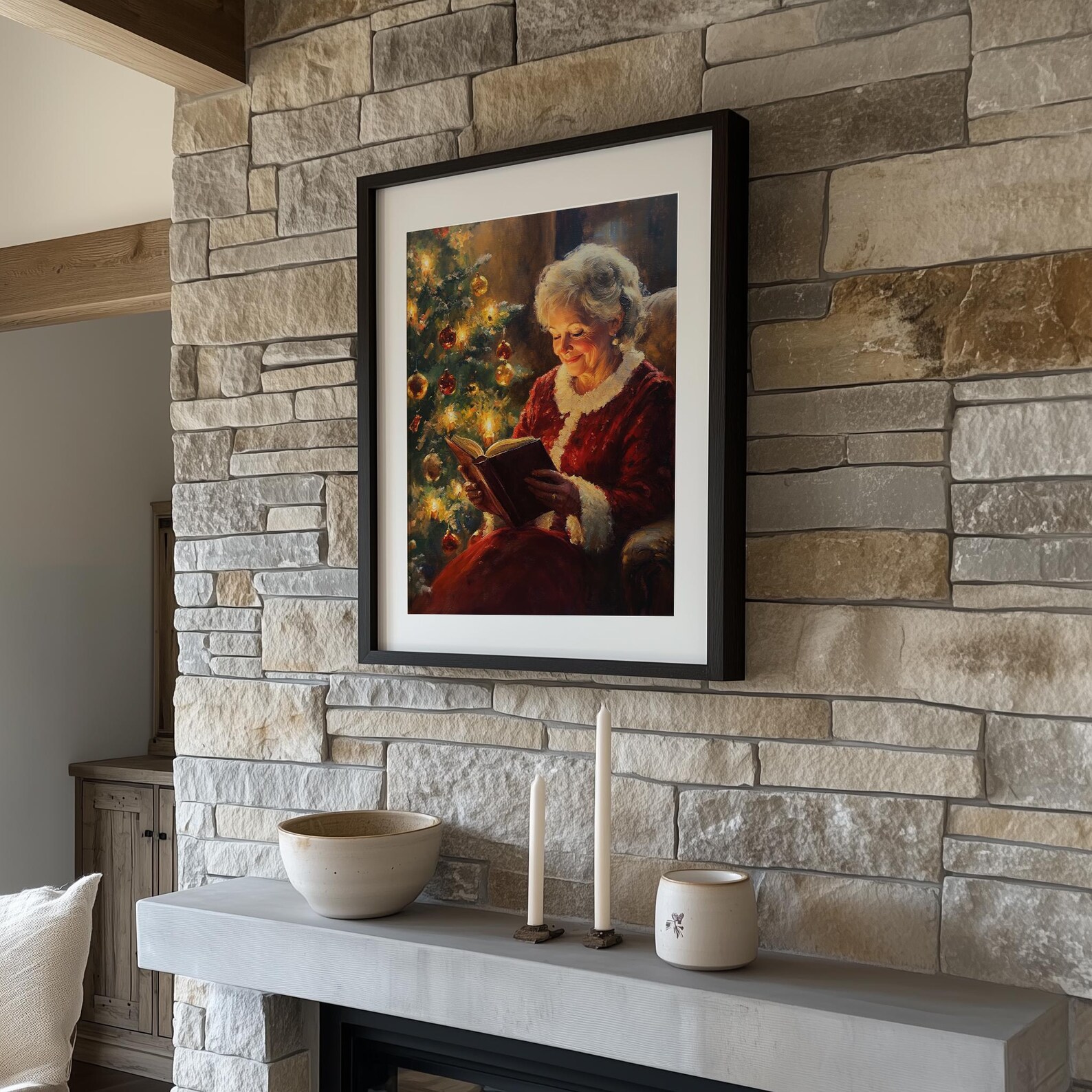 Cozy Mrs. Claus Reading Book Portrait - Vintage Christmas Wall Art ...