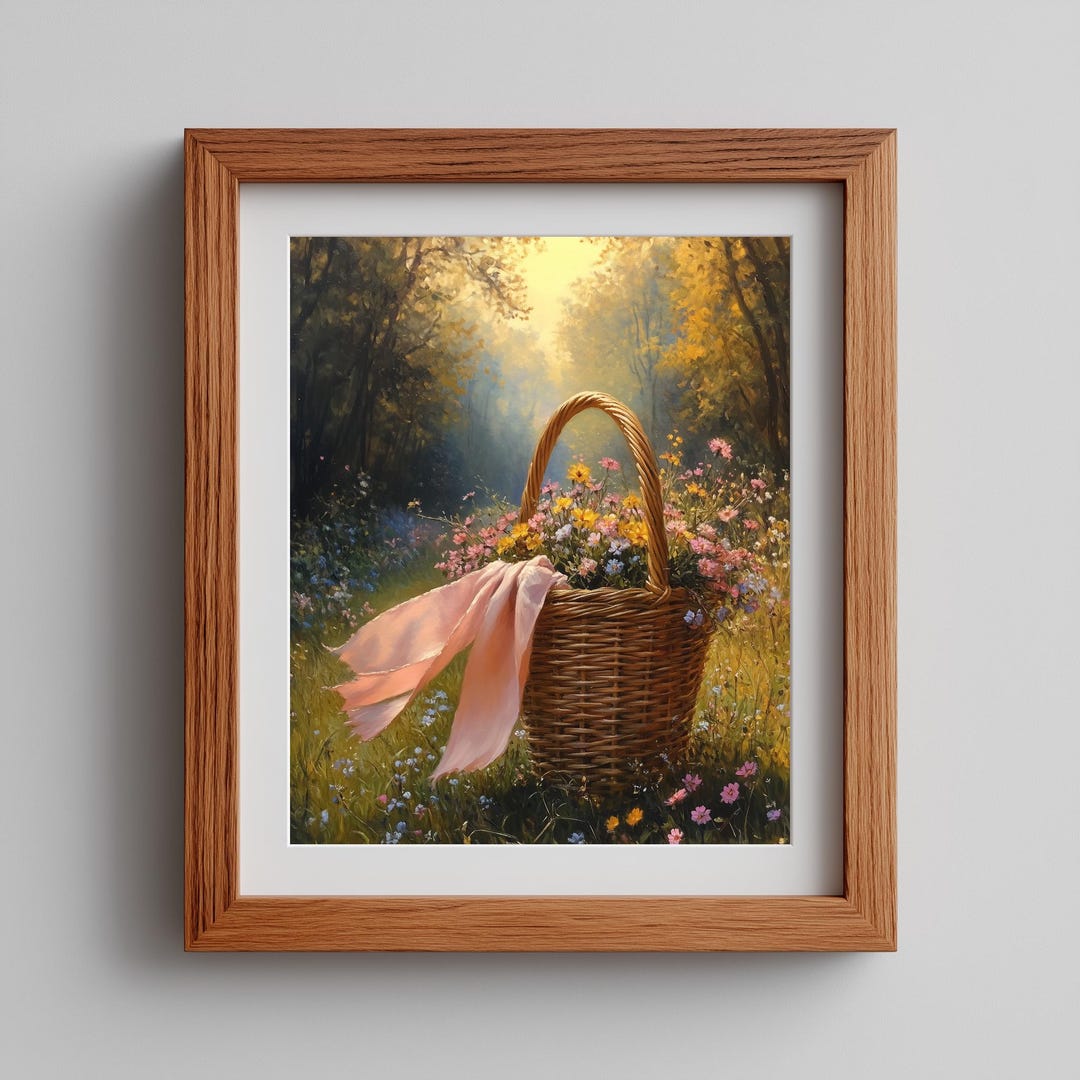 Cottagecore Printable Picnic Basket With Wildflowers - Romantic Oil ...