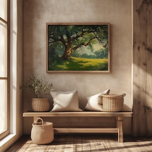 Vintage Solitary Oak Tree Painting - Rustic Cottagecore Landscape Art ...