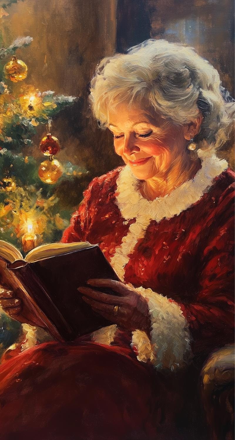 Cozy Mrs. Claus Reading Book Portrait - Vintage Christmas Wall Art ...