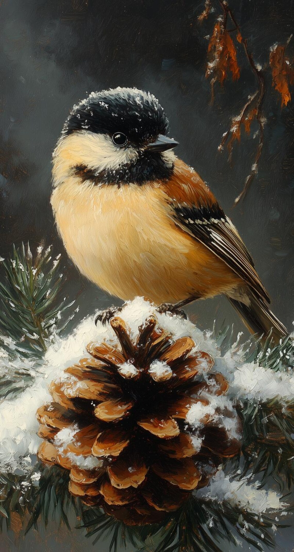 Moody Printable Chickadee Winter Wall Art - Rustic Bird Painting, Snowy ...