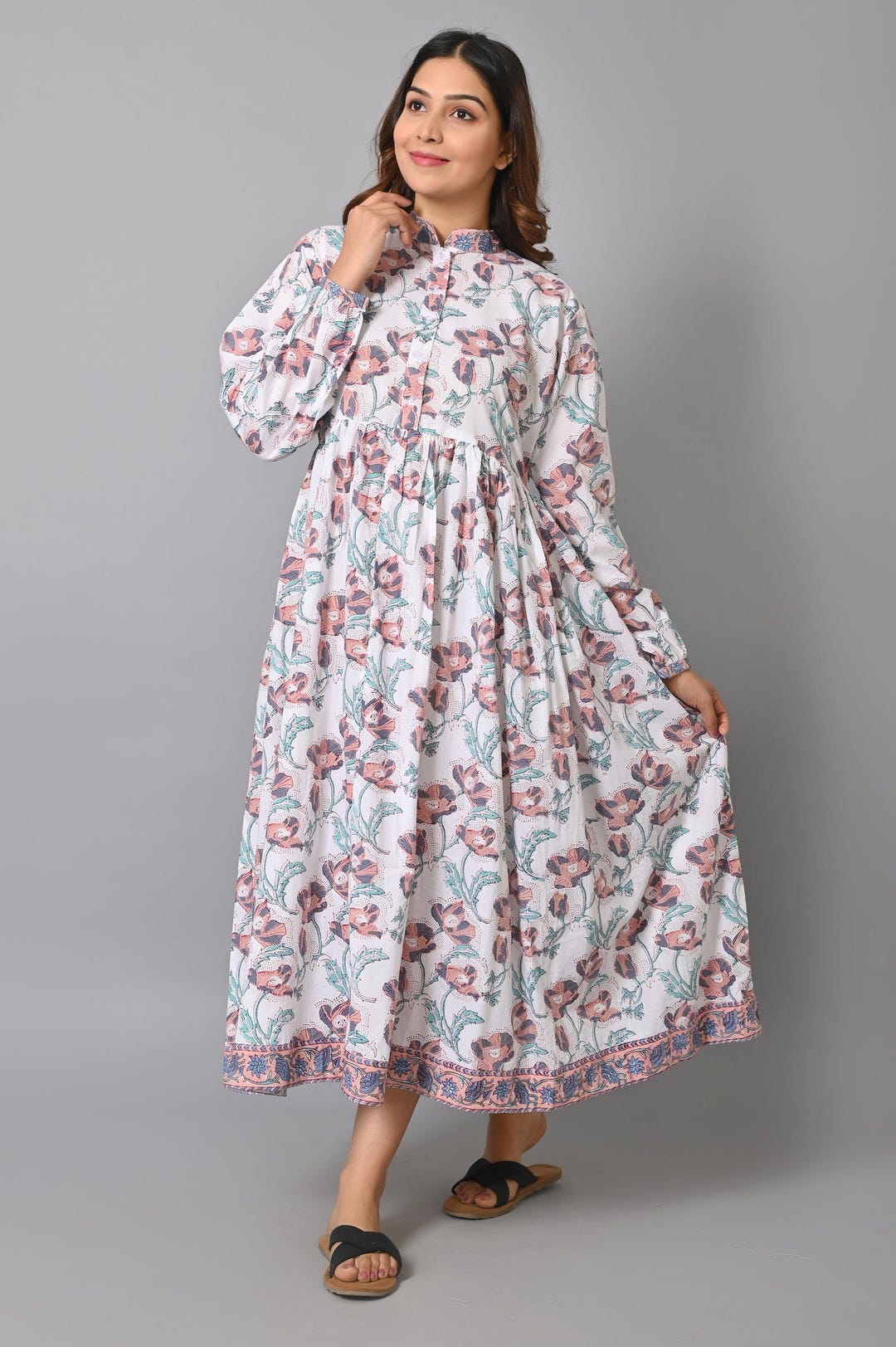 White Block Print Cotton Dress Pink Floral Night Maxi - High Collar ...