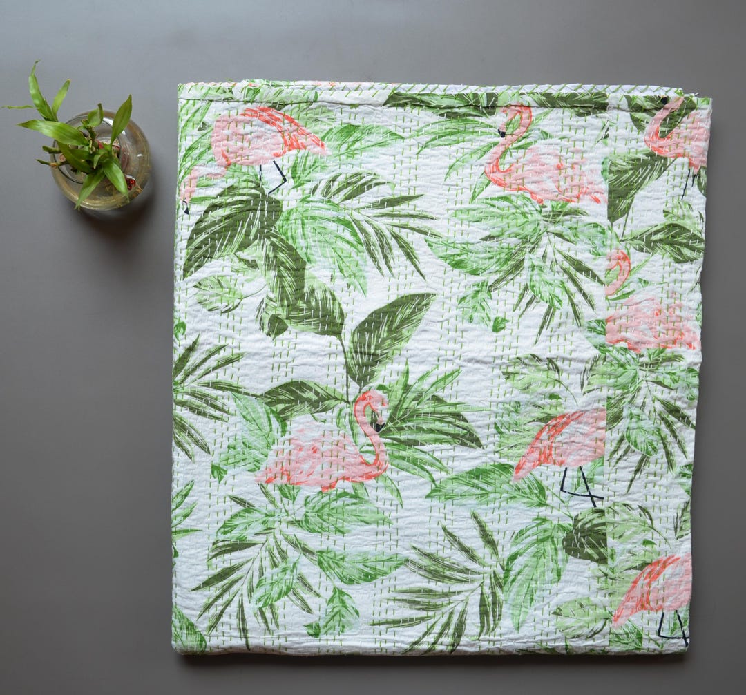 Bohemian Flamingo & Palm Leaf Hand-stitched Indian Cotton Kantha Quilt ...